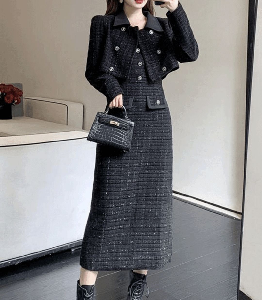나시 원피스 트위드 크롭 자켓 투피스 정장 세트 H라인 봄 가을 정장 롱 스커트 모직치마 라운드 셔츠카라 더블 브레스트 실버 버클 긴팔자켓 숏코트 미니자켓 겨울아우터