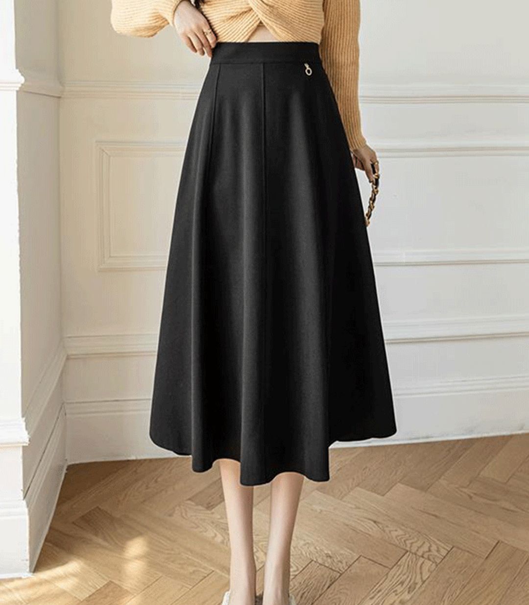베이직 플레어 스커트 A라인 정장치마 모직스커트 여성 겨울치마 후리아치마 겨울치마 미디스커트 플리츠 허리 밴딩스커트 고무줄치마 핀턱스커트 트위드스커트 밴딩치마 고무치마