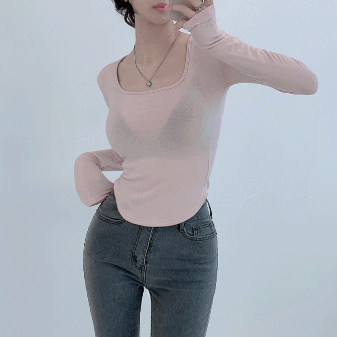 [ 울스판 밑단굴림 ] 피넛 시스루 스퀘어넥 긴팔 크롭 티셔츠