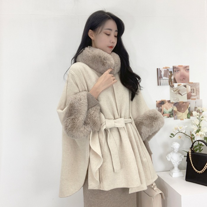 아이스크루 당일배송💗 밍크퍼 케이프 망토 벨트세트 하프 코트 3 Colors 판쵸 판초 고퀄 페미닌 연말 파티룩 가오리 오버핏 빅사이즈 겨울 아우터 외투 퍼자켓