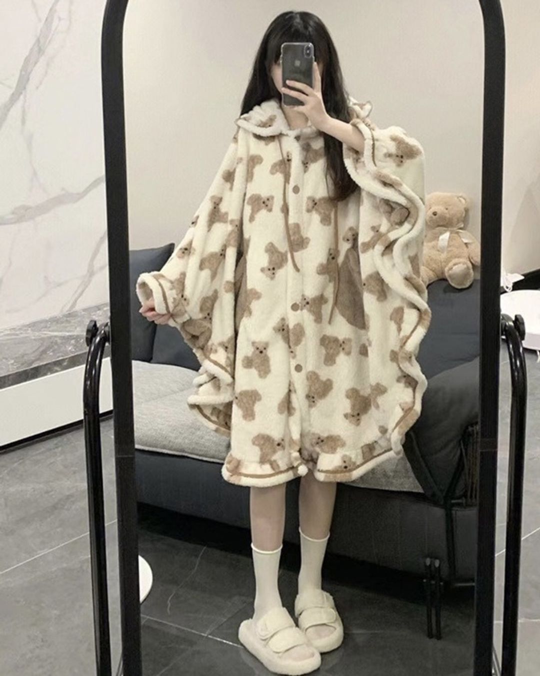 망토 곰 수면 잠옷 파자마 홈웨어 극세사 후드 모자 포켓 귀여운 곰돌이 베어 루즈핏 담요 가운 집순이 여행 캠핑 자동차