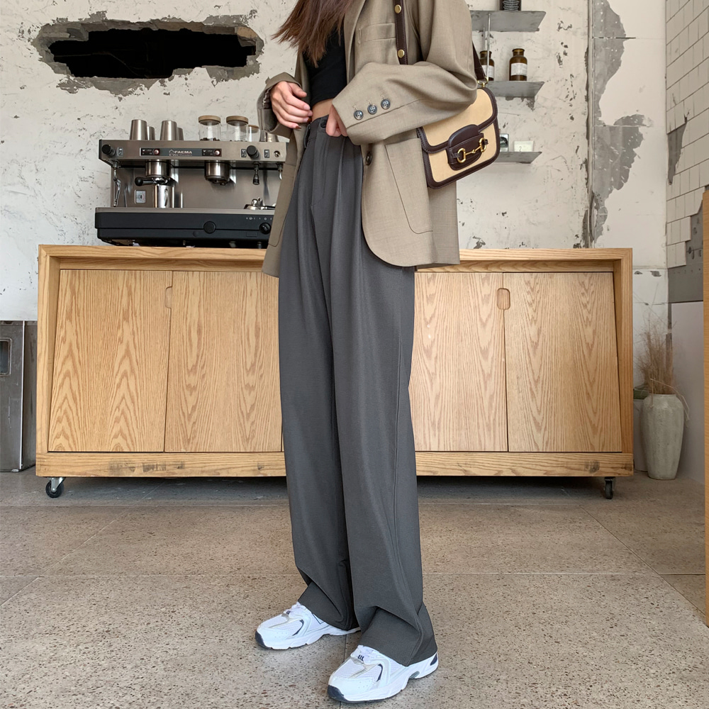 위켄드블루 뒷밴딩 하이웨스트 스트레이트 와이드 팬츠 핀턱 롱 슬랙스 긴바지 루즈핏 오버핏 봄 여름 가을 간절기 데이트 여친룩