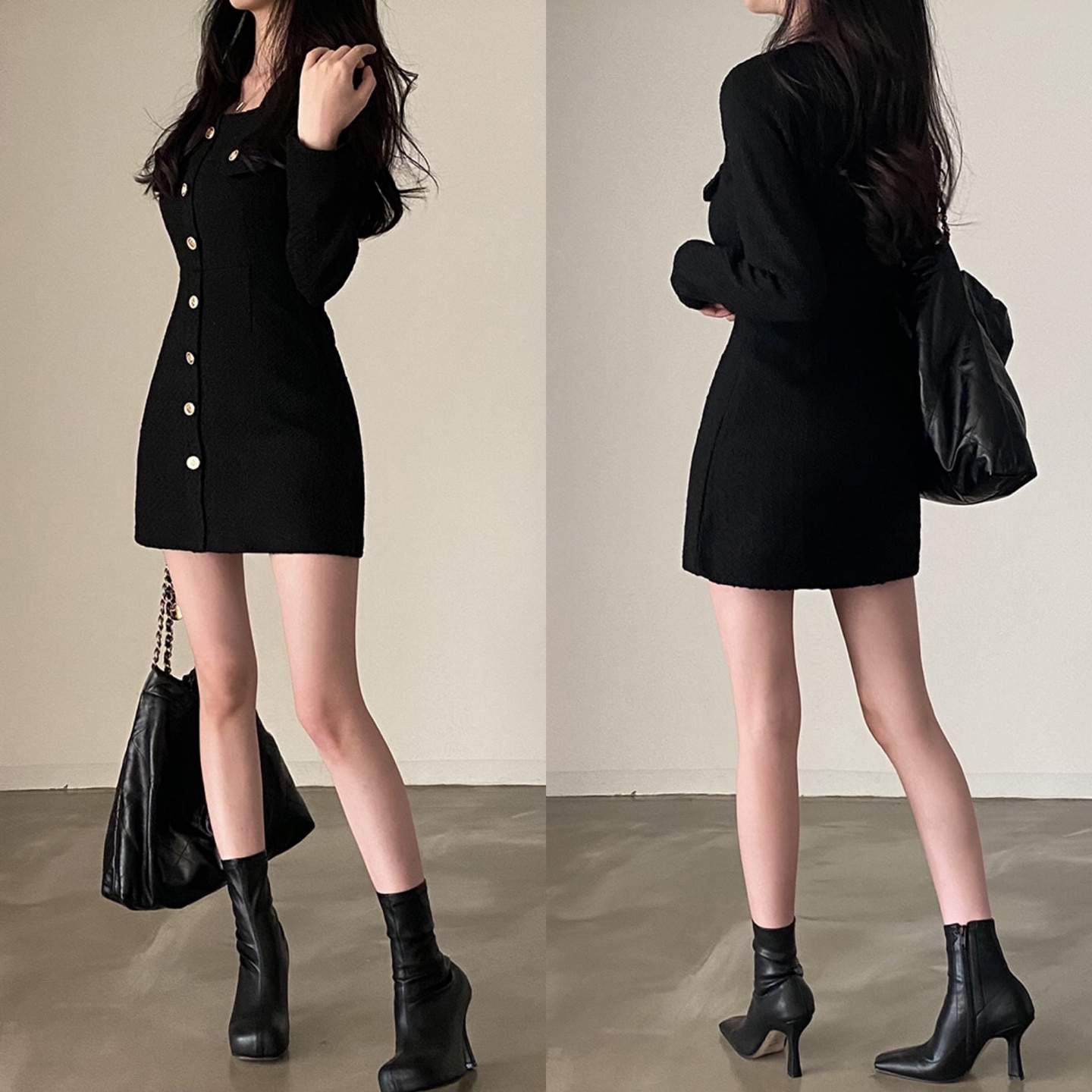 패션 바이 카카오 베니 블랙 트위드 원피스 Ops 하객룩 데이트룩 크리스마스 연말룩