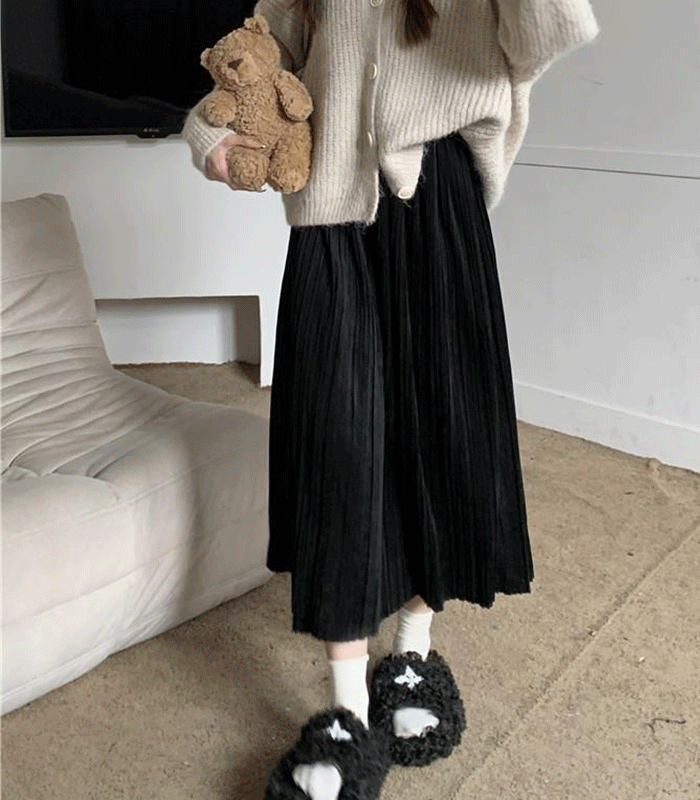 허리 밴딩 플리츠 롱스커트 여성 겨울 캐주얼치마 주름 치마 핀턱 스커트 플레어스커트 겨울모직치마 모직스커트 겨울치마 플리츠
