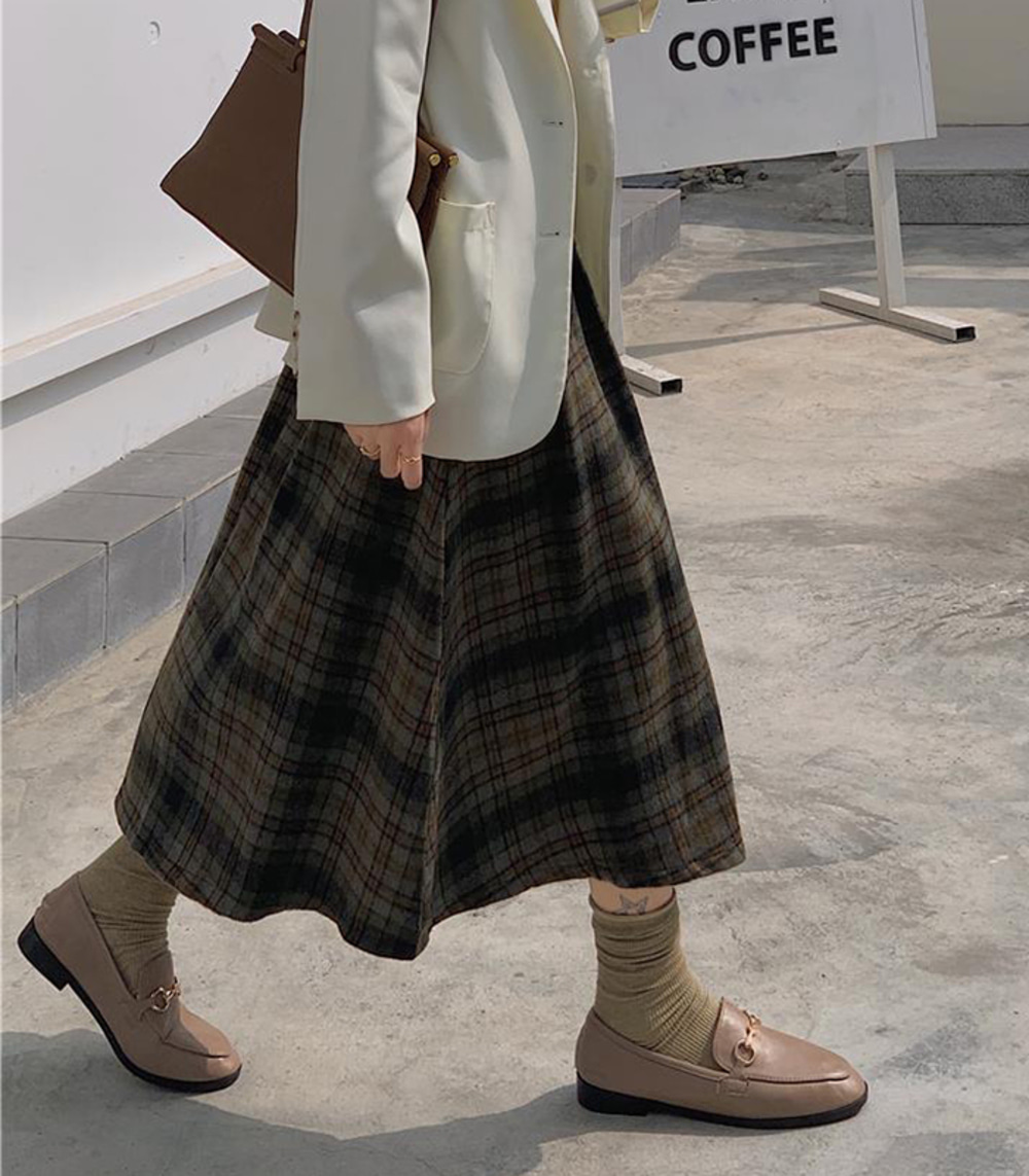 다바나 시즌오프클리어런스 오늘출발 보헤미안복고풍 체크스커트 모직스커트 모직치마 와이드핏 A라인 캐주얼치마 플레어스커트 겨울모직치마 정장치마 체크무늬 롱치마 울스커트