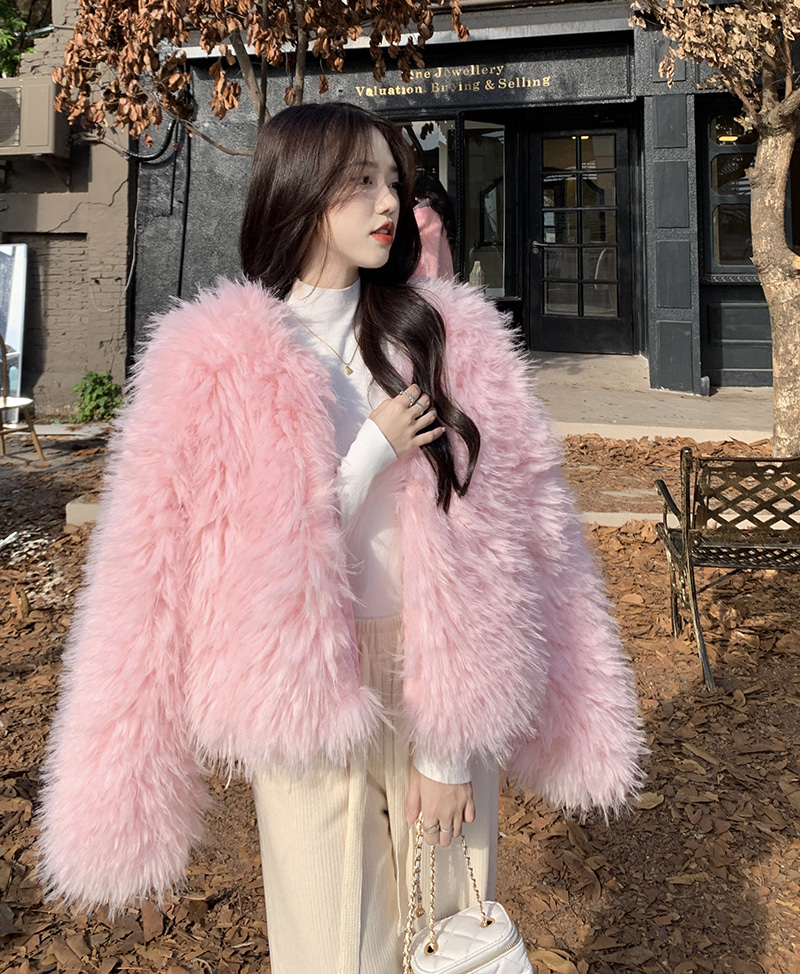 파스텔 퍼 자켓 고 퀄리티 하이 엔드 앙고라 퍼 인조 모피 에코 페이크 가을 겨울 롱 슬리브 긴팔 V 브이 넥 페미닌 미디