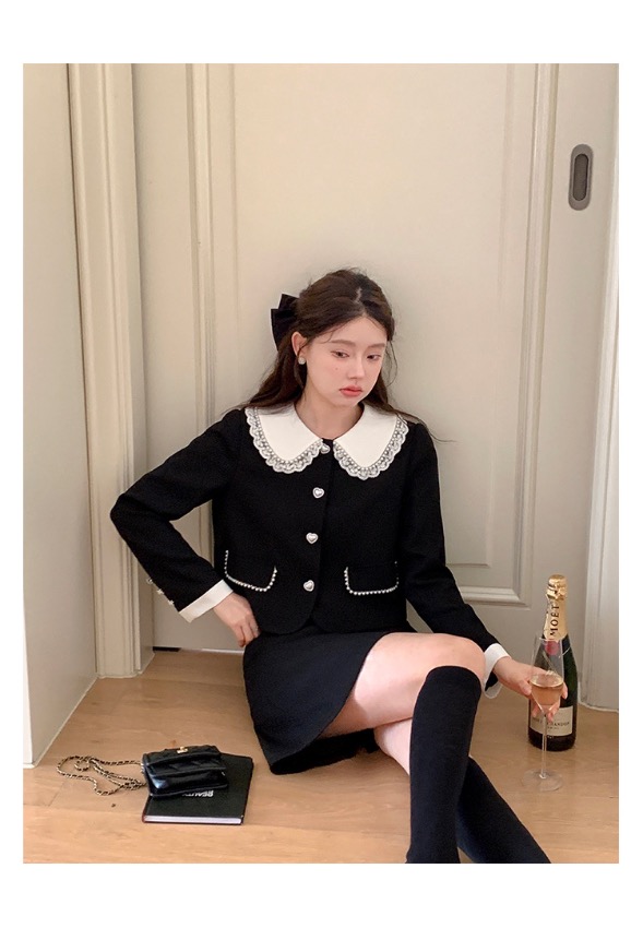 12월 로맨틱 결혼식 하객룩 진주 레이스카라 하트단추 긴팔 자켓 투피스세트 모직 스커트 미니스커트 모직 자켓 모직코트 재킷 겨울 치마 20대 30대 연말 데이트룩