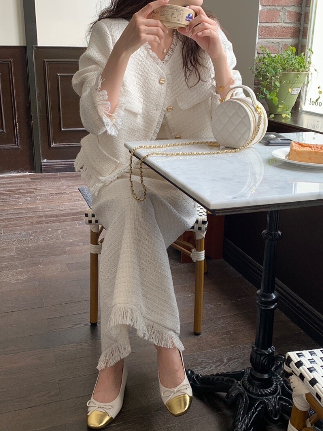 블랙l당일발송 20대 30대 결혼식하객룩 노카라 테슬 트위드자켓 롱스커트 투피스세트 하프코트 트위드치마 겨울자켓 여성스러운 돌잔치 상견례룩 연말 데이트룩