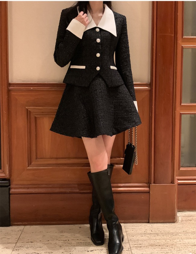 20대 30대 결혼식하객룩 우아한 배색카라 진주 트위드자켓 플레어스커트 투피스세트 하프코트 트위드치마 A라인스커트 여성스러운 돌잔치 상견례룩 연말 데이트룩