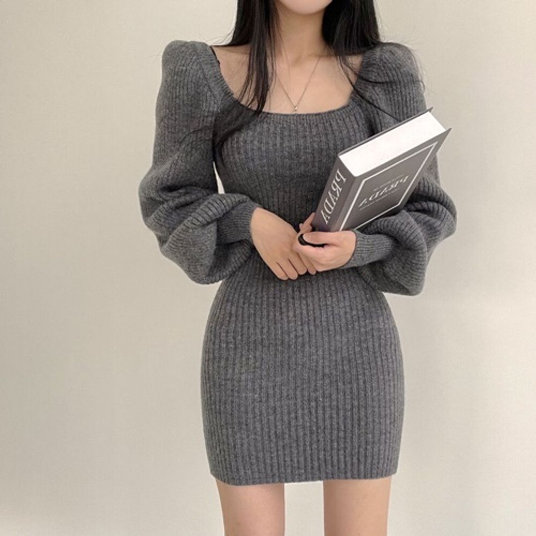 4컬러 하찌 스퀘어넥 퍼프소매 아방핏 몸매 착붙 슬림핏 미니멀 러블리 글래머러스 달라붙는 스키니핏 타이트 미디기장 긴팔