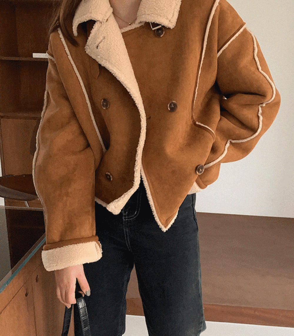 다바나 레트로 양모 리버서블 숏 자켓 스탠드 카라 더블 브레스트 겨울 모직 코트 양털 배색 크롭 기모 재킷 뽀글이 코트 여성 아우터 수트 양모자켓 미니 무스탕 와이드핏