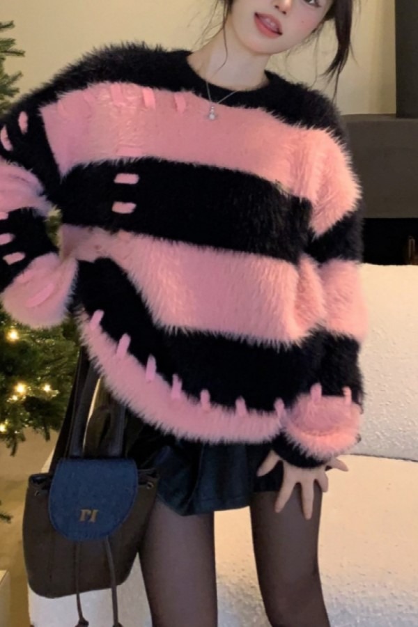 핑크프릴 어브 인조 밍크 스트라이프 띠 스티치 라운드넥 긴소매 롱슬리브 니스 스웨터