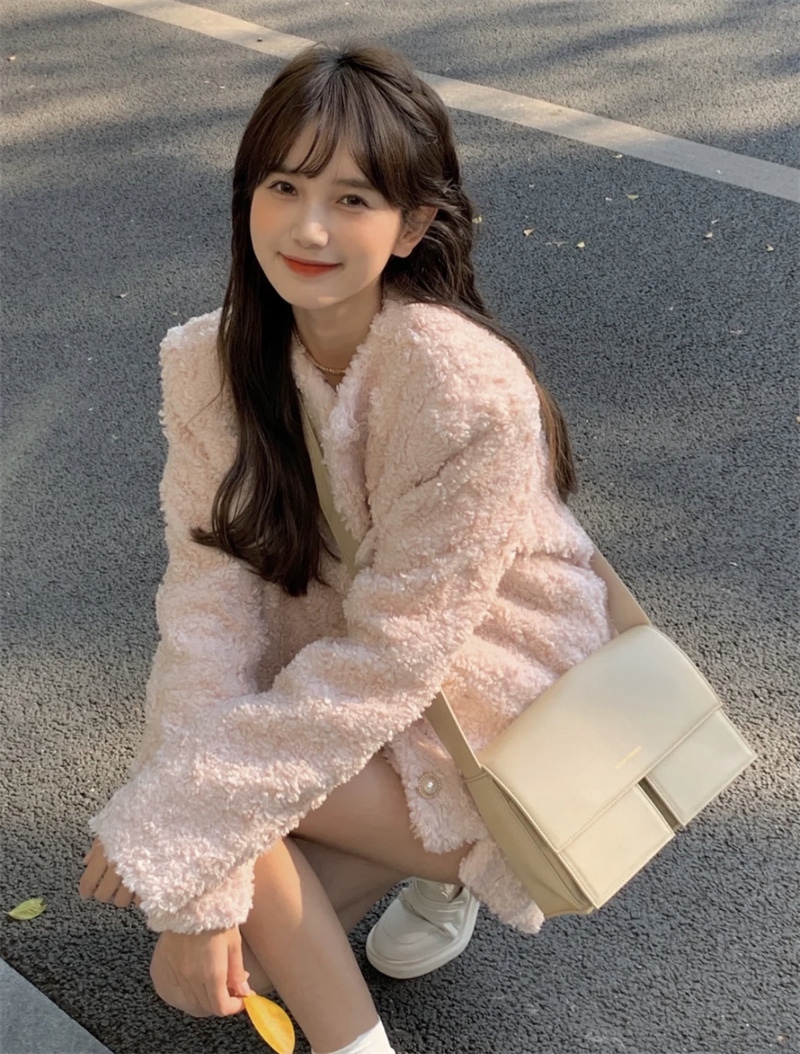 로즈 플리스 코트스커트 Set 페미닌 인디 핑크 청순 여리 가을 겨울 긴팔 롱 슬리브 도톰 트위드 자켓 코트 진주 단추