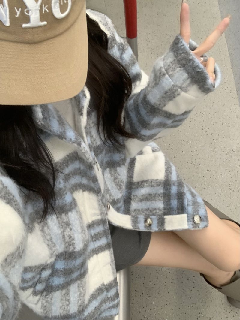 모직 체크 자켓 캐주얼 가을 겨울 긴팔 롱 슬리브 단추 여밈 긴팔 남방 셔츠 이너 아우터 울 코트 미디 하프 오버 박시 박스