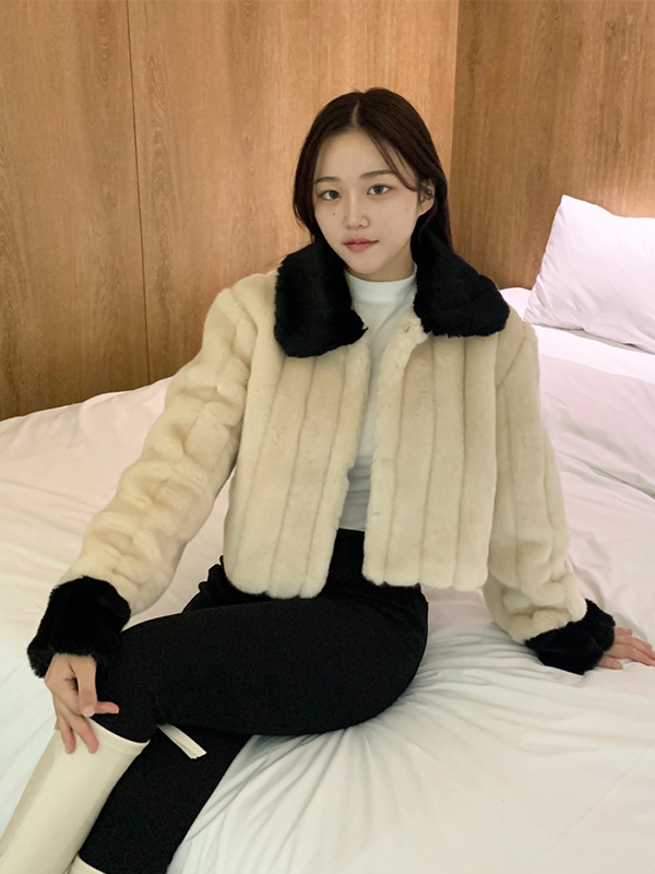 루미에르 당일출고겨울자켓2color 미유 배색카라 숏 퍼자켓밍크자켓 밍크점퍼 앙고라가디건 밍크후리스 숏패딩 뽀글이자켓 양털자켓 핸드메이드코트 케이프코트 오버핏패딩