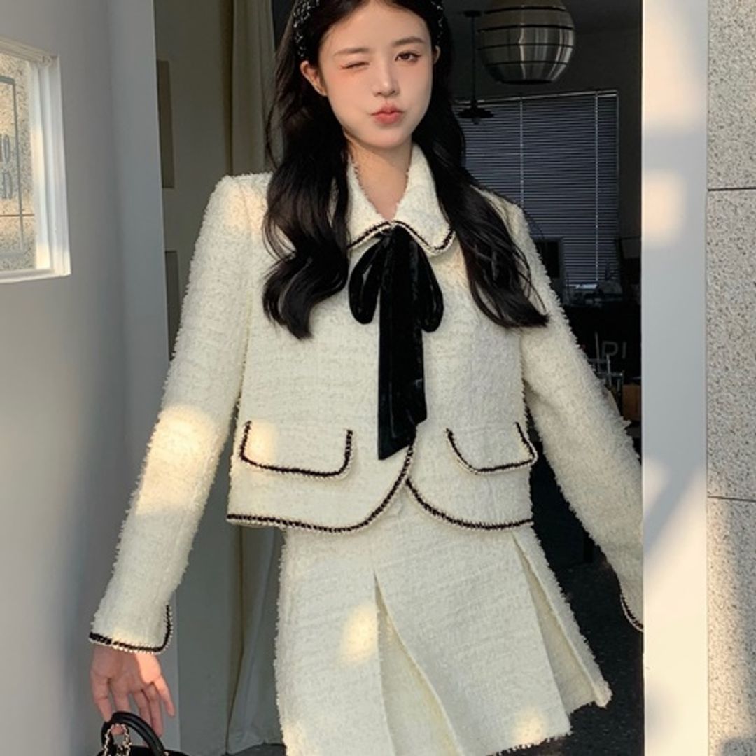 S 당일발송 2pcsset단품구매가능 윈터 걸리쉬 프레피룩 카라넥 트위드 자켓 반코트 하프코트 정장 무드 재킷 셋업