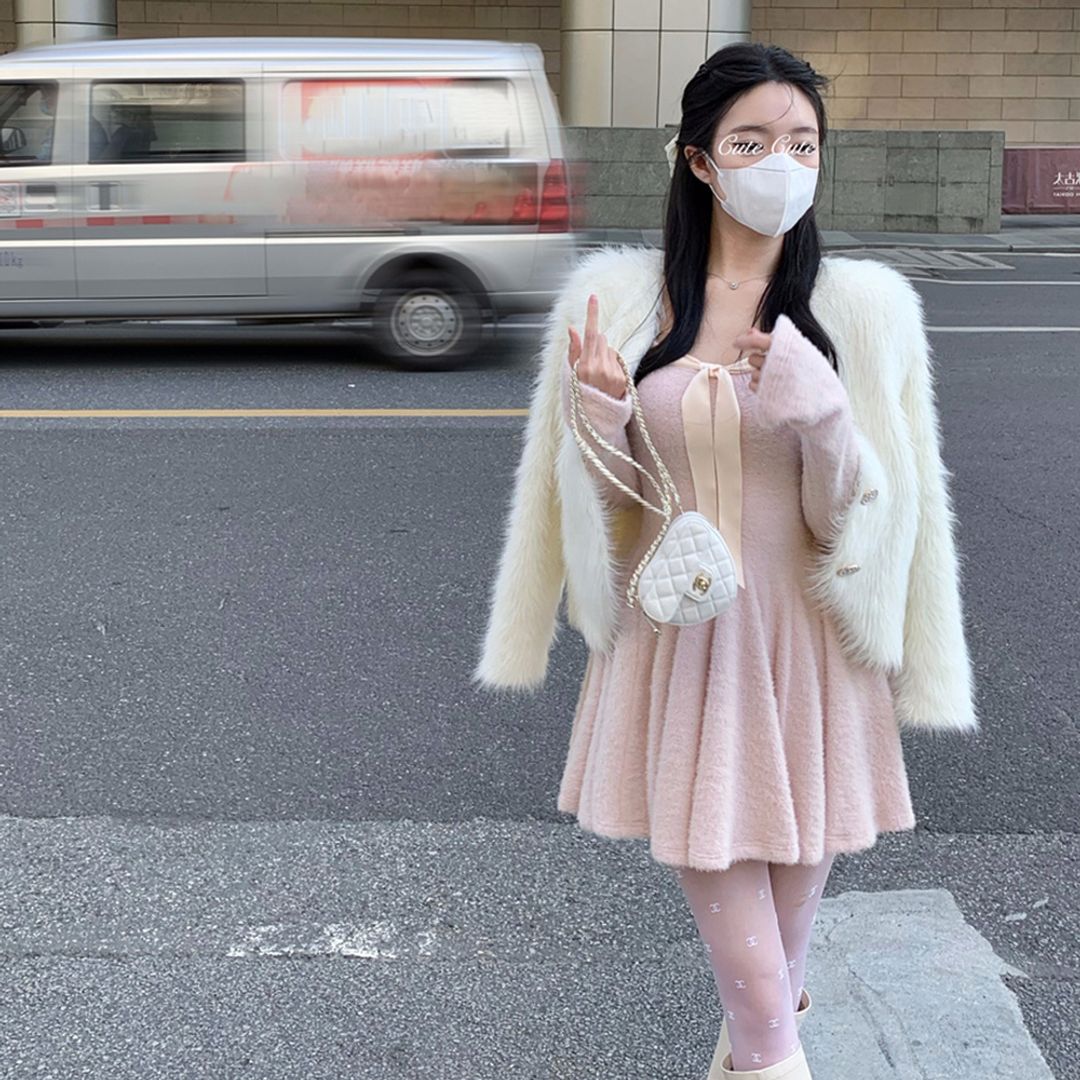 나피 앙고라 밍크 리본 진주 플리츠 미니 원피스