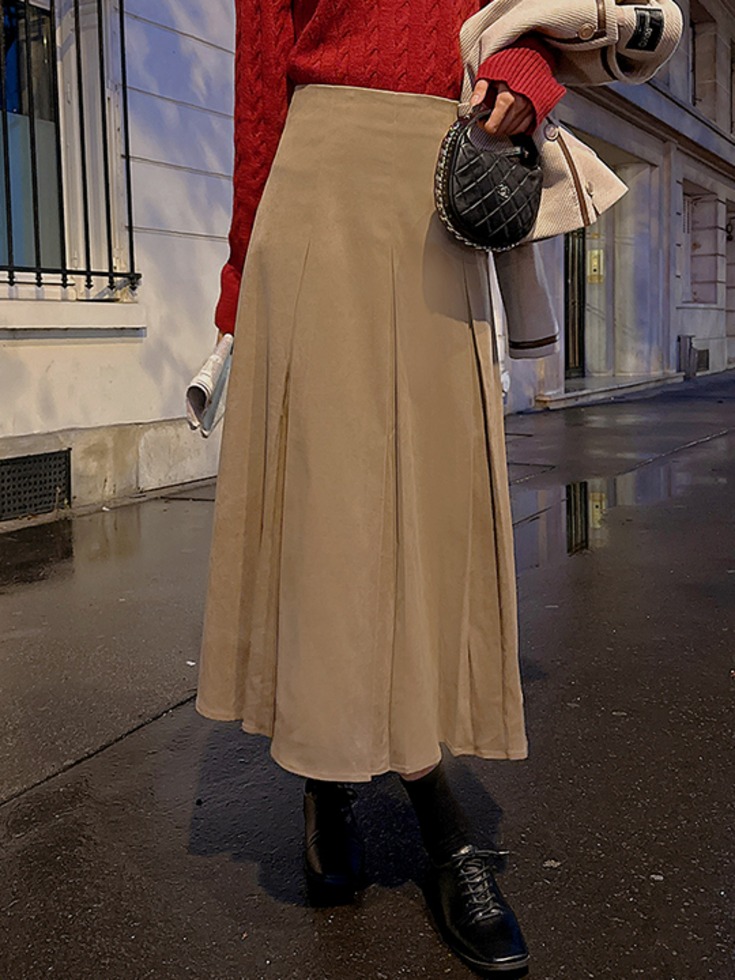 리리앤코 오브닌드 피치기모 맞주름 롱 스커트 가을 가을룩 겨울 겨울룩 롱스커트 데일리룩 여행룩 하객룩 격식룩 오피스룩 스커트룩 데이트룩 롱치마 기모스커트 밴딩치마 주름