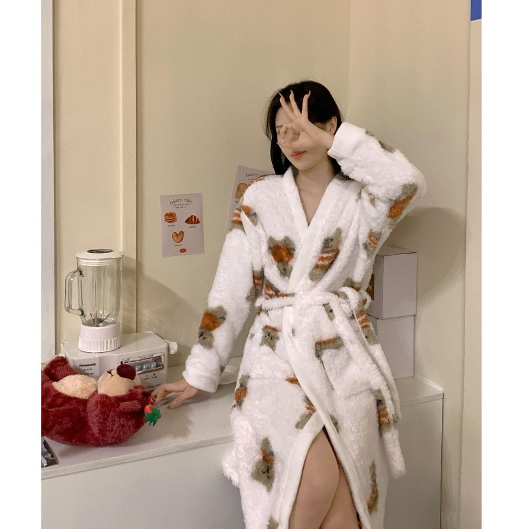 윈터 베어 샤워 가운 홈 룸 웨어 잠옷 파자마 파티 귀여운 곰돌이 테디 베어 울 타월 타올 후리스 플리스 도톰 로브 V 브이