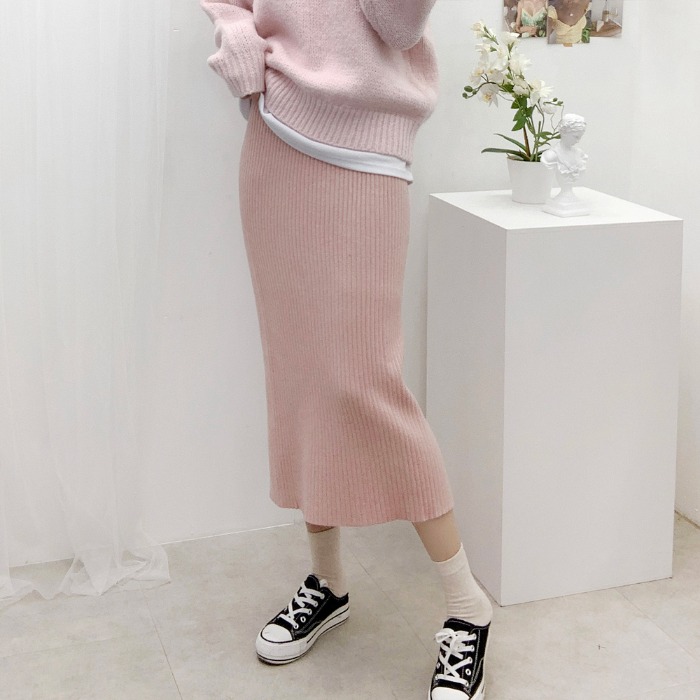 아이스크루 당일배송💕글램꾸안꾸 포그니 니트 롱 스커트 4 Colors 청순 여리 러블리 폭닥 겨울 슬림핏 부들 파스텔 하체 커버 페미닌 하이웨스트 H라인 치마 미디