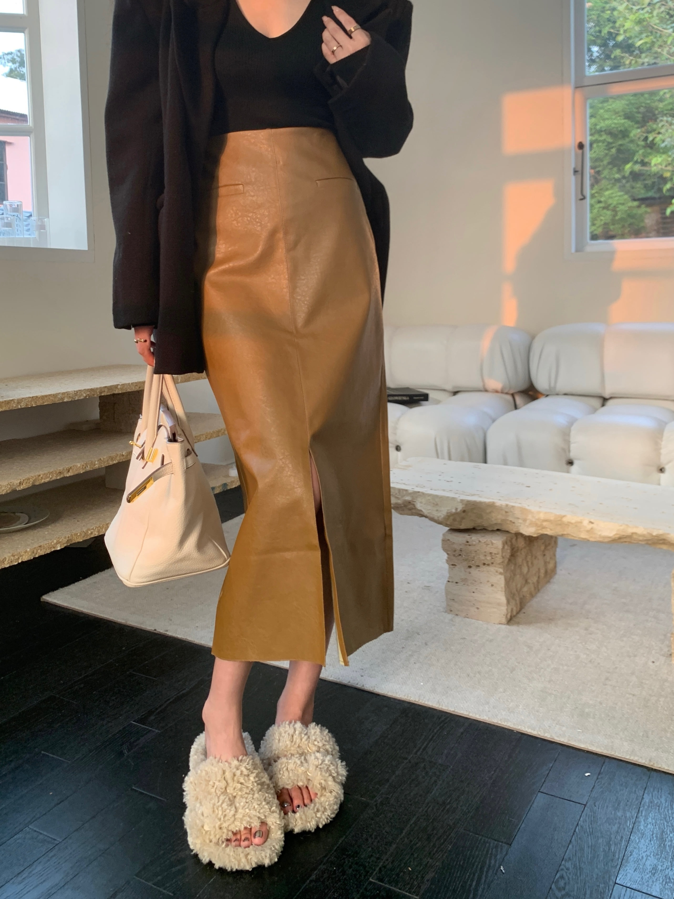 🚛부분당일발송🚀~l2color 모던 레더 슬릿 트임 가죽 롱스커트 하이웨스트 앞트임 치마 미디 스커트 가을 겨울 스커트 일자포켓 섹시 심플 치마 H라인 빅사이즈 세련된 스커트