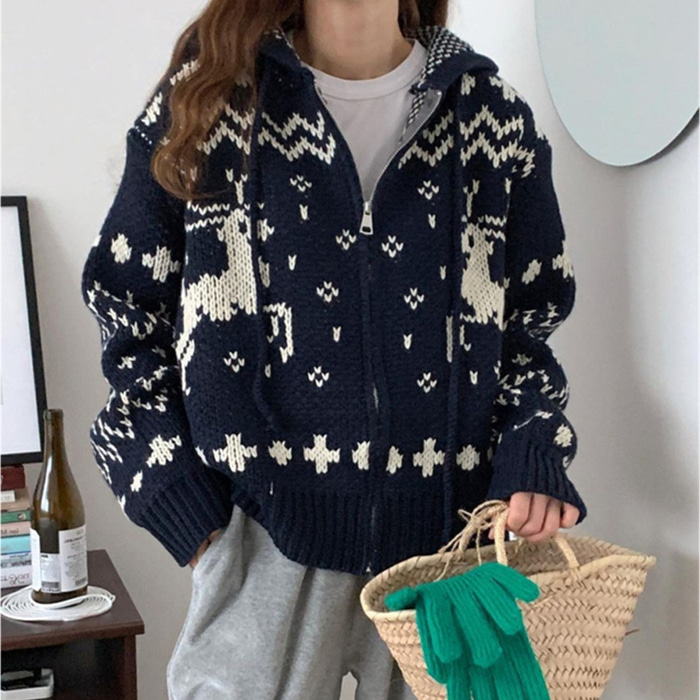 큐티팝 아방핏문의폭주 데일리 따뜻한 루즈핏 겨울 노르딕 니트 후드 집업 2color 인스타감성 유니크 캐주얼 루돌프 사슴 빈티지 에스닉 패턴 연말룩 자가드