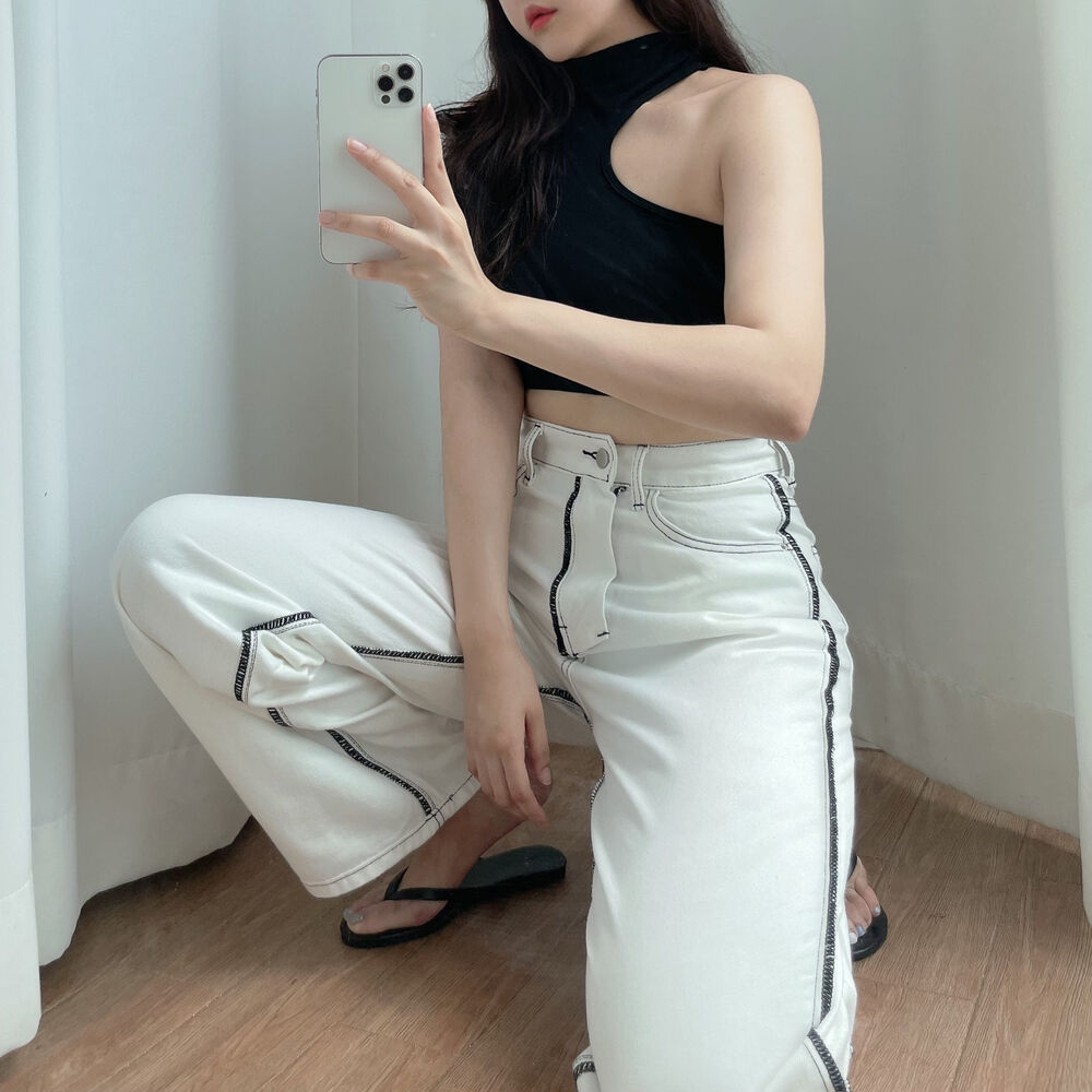 고퀄리티 롱 와이드 데님 데끼 스트릿 패션 빈티지 유니크 쉐도우 스티치 스트릿패션 데님 하이웨스트 롱 팬츠 청 코튼 면 바지