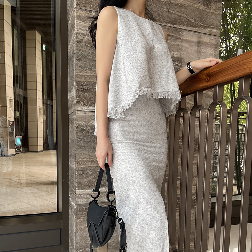 디어마이뮤즈 썸머 수술 민소매 트위드 트임 미디스커트 투피스 셋업 세트