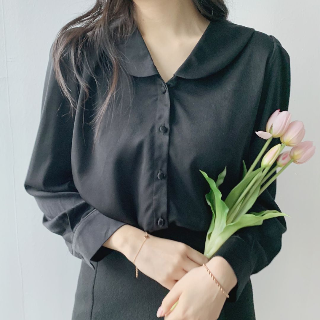 기본템 모어 라운드 카라 심플 블라우스 봄 가을 간절기 긴팔 둥근카라 심플 레이어드 셔츠 블랙 화이트 직장인 오프스룩
