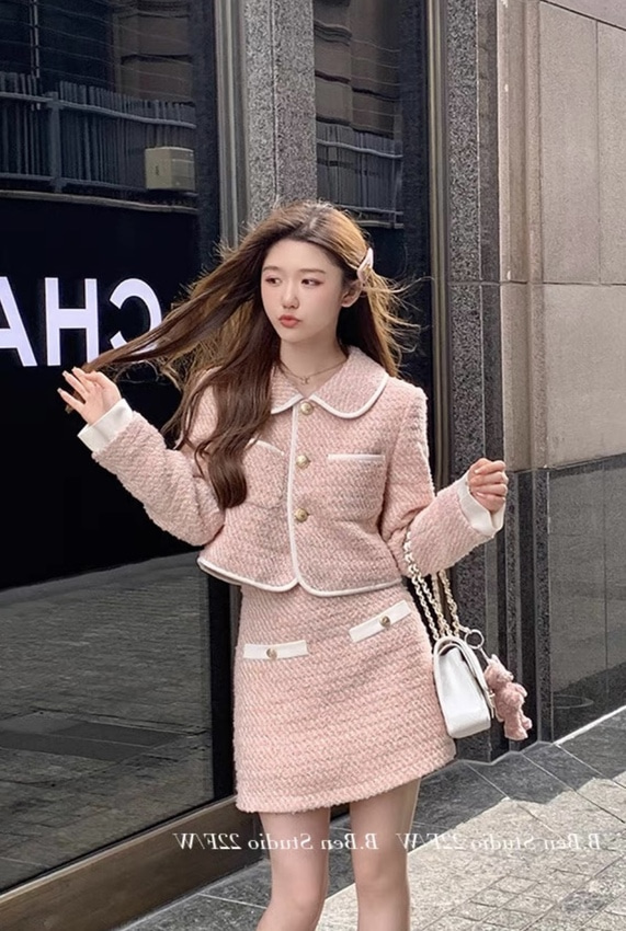 단독진행봄신상봄하객룩 핑크 트위드자켓 트위드스커트 투피스세트 소매 프릴 긴팔 자켓 미니스커트 정장셋업 20대 30대 결혼식 돌잔치 상견례 소개팅 데이트꽃놀이