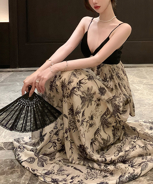 브이넥 끈 쉬폰 플랜트 프린팅 하이웨이스트 롱 플레어 스커트 슬립 드레스 여름 휴가 휴양지 페미닌 해변 리조트 이브닝 칵테일 파티룩 바캉스룩 비치웨어 원피스