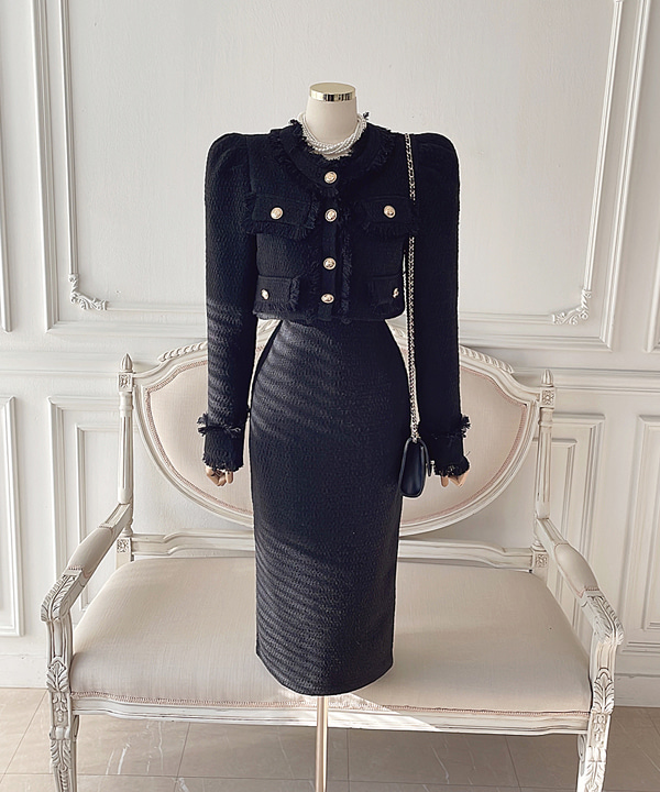 우아르 에리카 트위드 롱투피스 결혼식 하객룩 데이트룩 오피스룩 파티룩 상견례룩 브라이덜샤워 돌잔치 정장원피스 오피스룩자켓 크롭자켓 트위드투피스 트위드원피스 트위드자켓