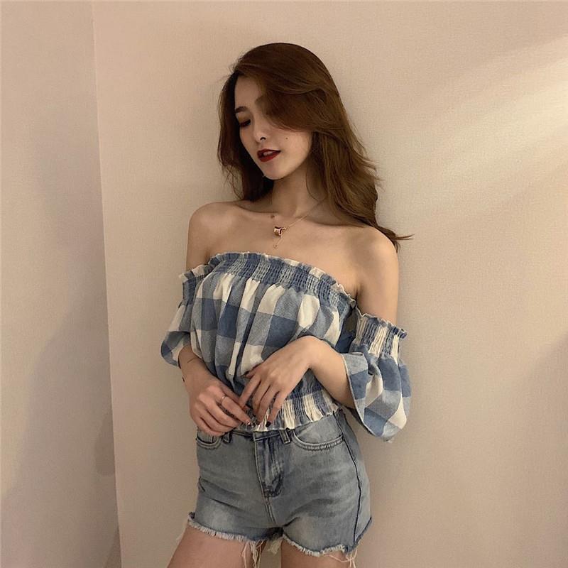 오픈 숄더 와이드 여자 오프숄더 체크무늬 반팔 블라우스 티셔츠 캐미솔 섹시 여름 시원한 퍼프슬리브