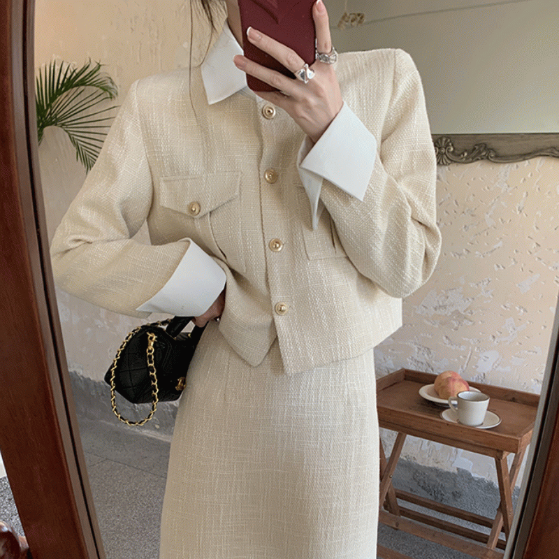 디어포텐 L 당일발송 하객룩페미닌투피스 베이지 배색 카라 골드버튼 긴팔 트위드 자켓롱 스커트 투피스 셋업 세트 봄신상 하객룩투피스 결혼식 페미닌 단정 오피스룩 상견례룩