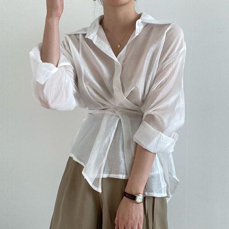 베이지하루 언밸런스 비대칭 랩 셔츠 긴팔 심플한 트렌디 스타일 캐주얼 시스루 여자 블라우스 데이트룩