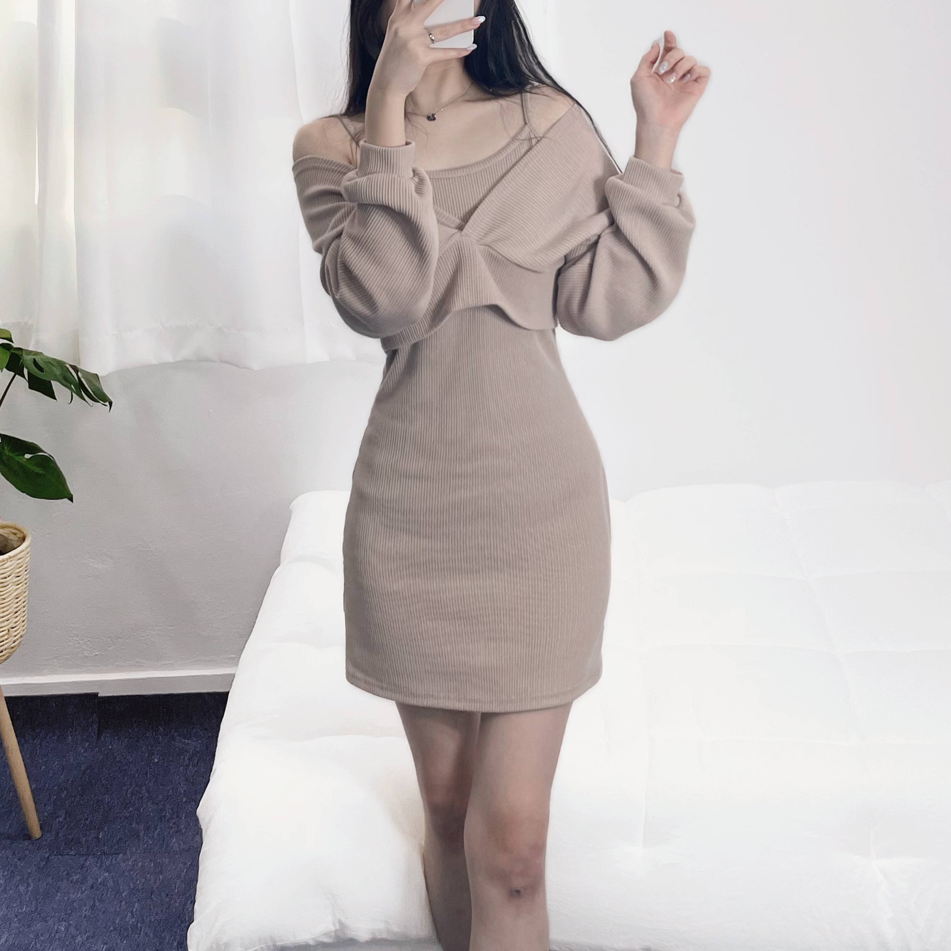 원트 [무료배송 ][원피스+니트SET/3col] 로라 골지 랩 니트 나시 원피스 세트 소매 퍼프 여리핏 트렌디 유니크 페미닌 청순 존예 핏보장 (3colors)