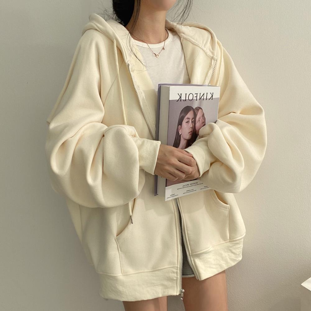 후드집업 데일리룩 귀여운 루즈핏 니트후드 기모 맨투맨 오버핏 후드티 가디건 집업 후드 양기모 집업 랜턴 슬리브 미디 사이즈 여자