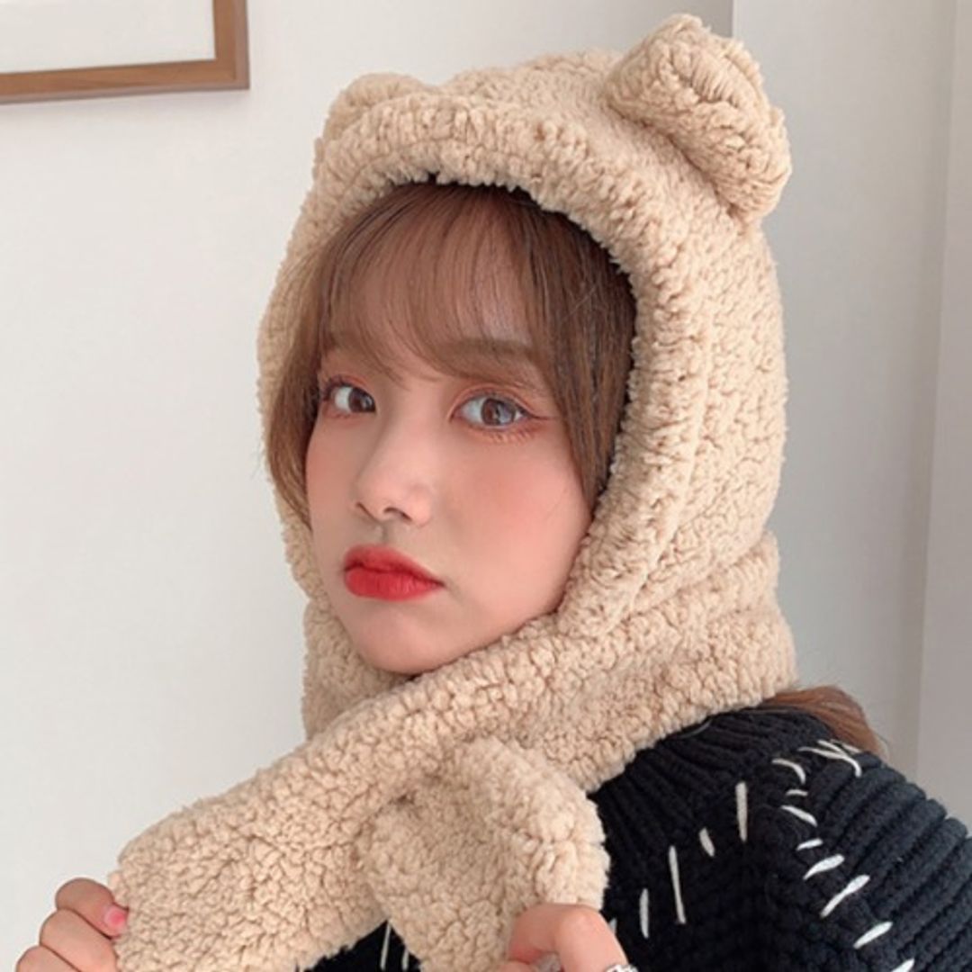 Dkc21 귀여운 곰돌이 페이크퍼 뽀글이 플리스 빈티지 러블리 캐주얼 털모자 바라클라바 겨울 데일리 후리스 양털 발라클라바 보넷