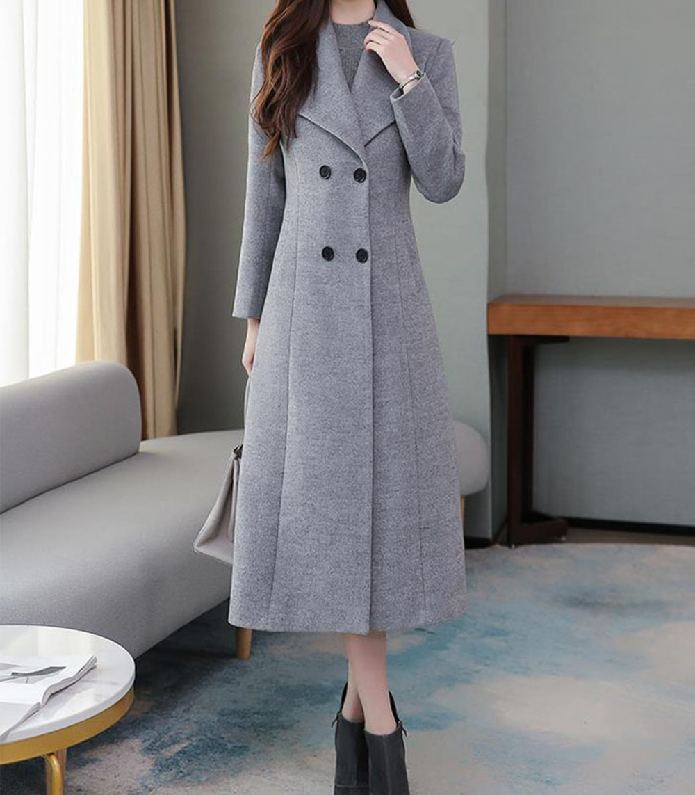 다바나 롱 코트 여성 가을 겨울 세미 정장코트 슬림코트 롱코트 겨울정장 상의 모직 아우터 자켓 V넥 숄 카라 더블 브레스트 버클 A라인 하이웨스트 재킷 오피스록하객룩