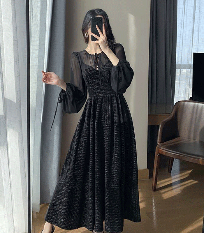 다바나 ★퐁네트 프리미엄 빈티지 뷔스티에 블랙 롱원피스 드레스★ 봄신상 긴팔 셔핑 주름 롱스커트 쉬폰 망사 플레어 스트링 롱드레스 주름치마 미디원피스 봄원피스 뷔스티에원피스