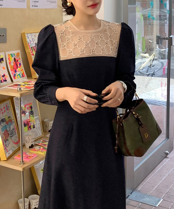 프렌치 데님 드레스 라운드넥 메쉬 오간자 시스루 꽃무늬 큐빅 비즈 퍼프 볼륨 소매 핀턱a라인 데님 롱 원피스 봄 간절기 시크 고급스러운 트렌디 하이퀄 유니크 레트로