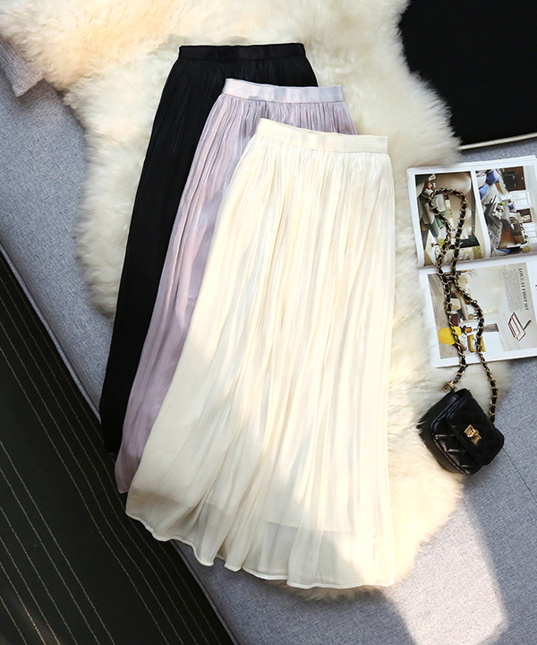 포앤바이앤 오늘출발 균일가 세일 M사이즈 샤랄라 롱스커트 허리밴딩 셔링 개더 플레어 세미a라인 펄 쉬폰 미디 스커트 긴치마 아이보리 봄 여름 화사한 입기