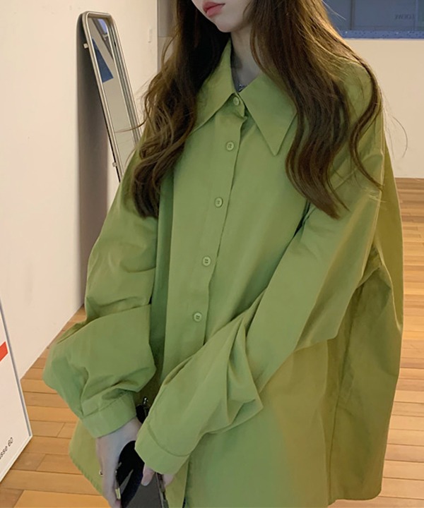 포앤바이앤 오늘출발 9900 균일가 세일 그린 스탠 카라 로우숄더 빅사이즈 솔리드 오버핏 셔츠 완전큰 하프 엉덩이덮는 힙한 트렌디 스타일리시 하의실종 입기편한