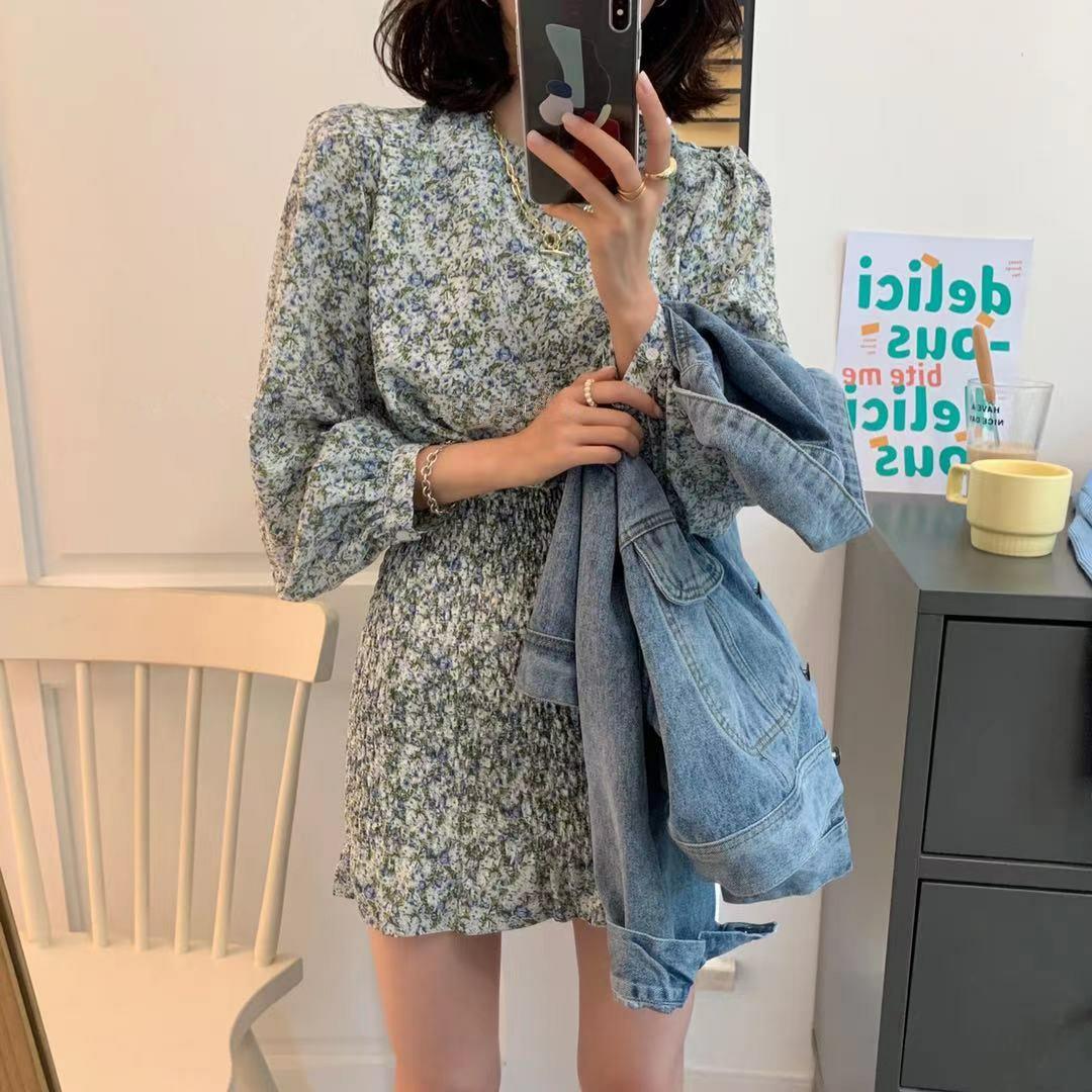 봄 플로랄 여자 긴팔 원피스 퍼프 슬리브 미니 원피스 쉬폰 지퍼 주름 치마 신축성있는 허리 가을 봄 여름 썸머 하객원피스 바캉스