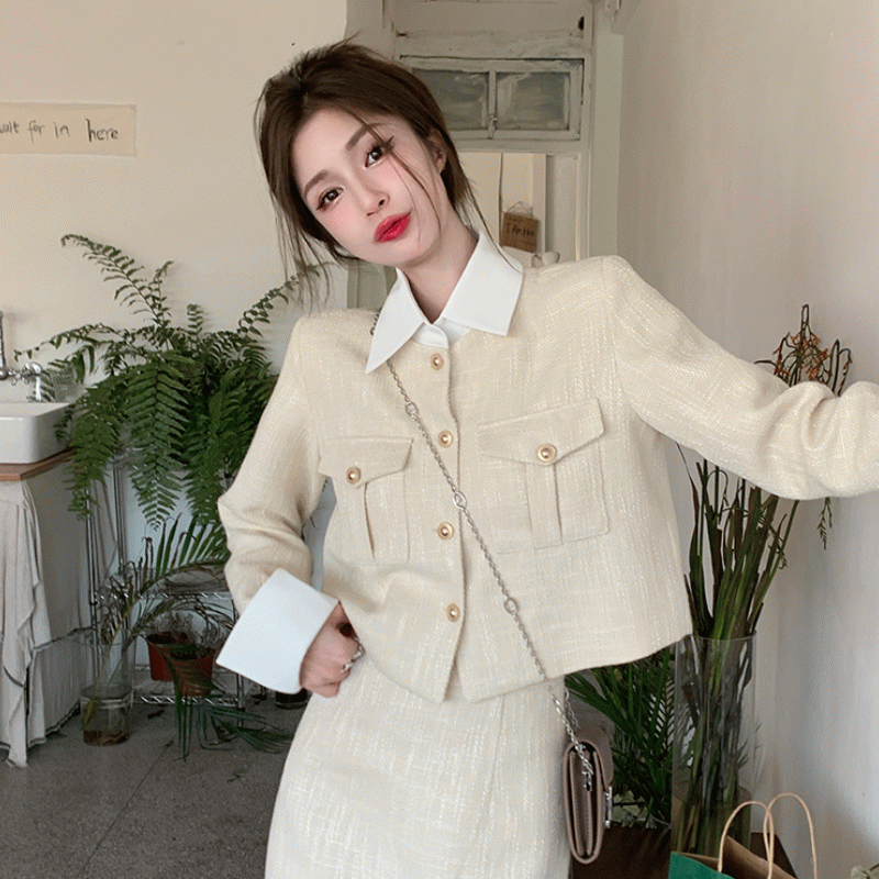 당일배송봄신상세트 연베이지 레이어드 셔츠 디자인 골드버튼 크롭 자켓 하이웨스트 롱스커트 미니스커트 투피스 셋업 봄하객룩 결혼식 상견례 데이트 여친룩 캠퍼스 데일리