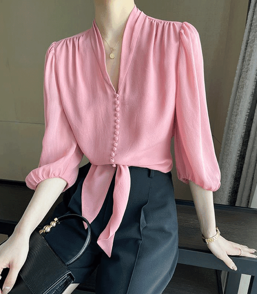 다바나 ★러블리 로즈핑크 멀버리실크 스트링실크 V넥 어깨셔링 블라우스 셔츠 ★ 2부웨딩 브라이덜샤워 7부 소매 100실크 봄 가을 셔링 주름 티셔츠 블라우스 비숍슬리브