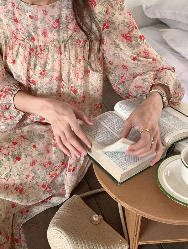 글레이즈드 플라워 원피스ops2019 봄 벌룬 셔링 퍼프 나염 프린팅 롱 플레어 플리츠 A라인 레이어드 하객 배색 나들이 플로럴