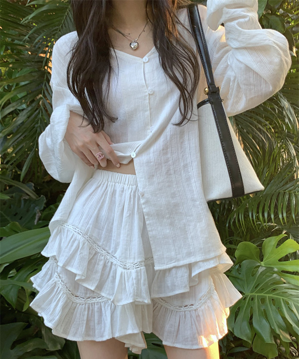 블라우스 스커트 상하 세트 화이트 스트라이프 면 브이넥 로우숄더 벌룬소매 루즈핏 블라우스 And 허리밴딩 하이웨스트 프릴