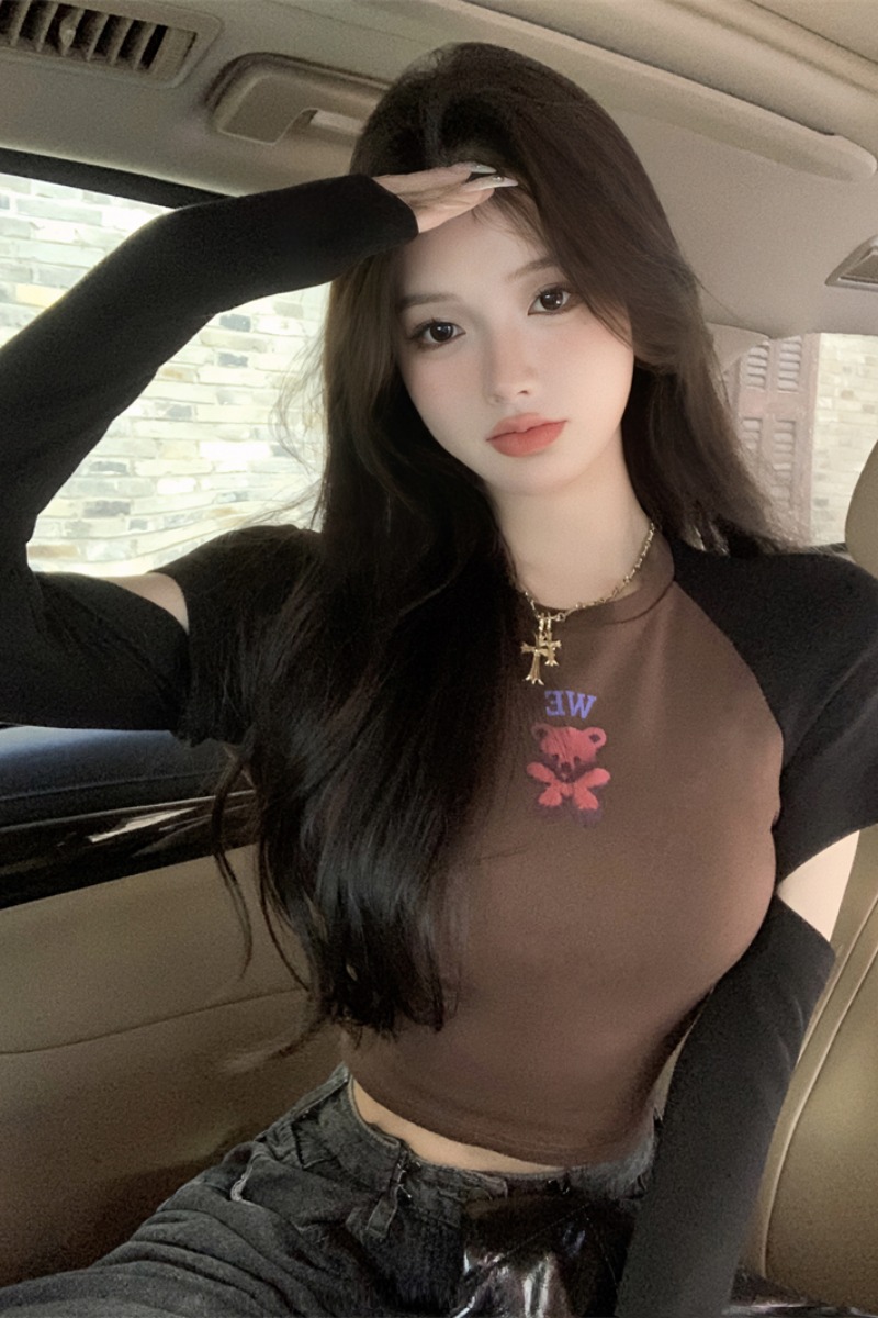 더블이 레터링 배색 어깨 트임 여리 슬림핏 딱붙는 데일리 캐주얼 유니크 봄 여름 스트릿 크롭 크롭티 긴팔 티셔츠