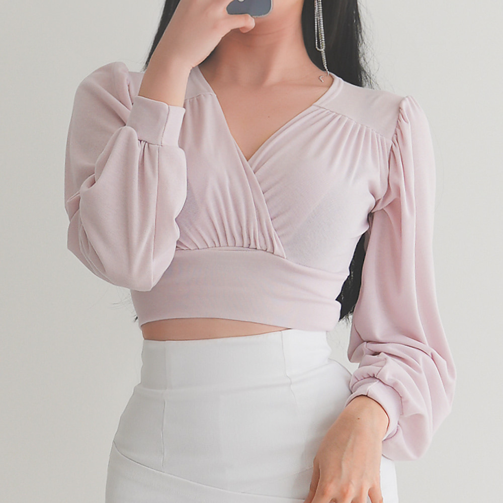 스디무 브이넥 랩 긴팔 크롭 티셔츠 Ab1122